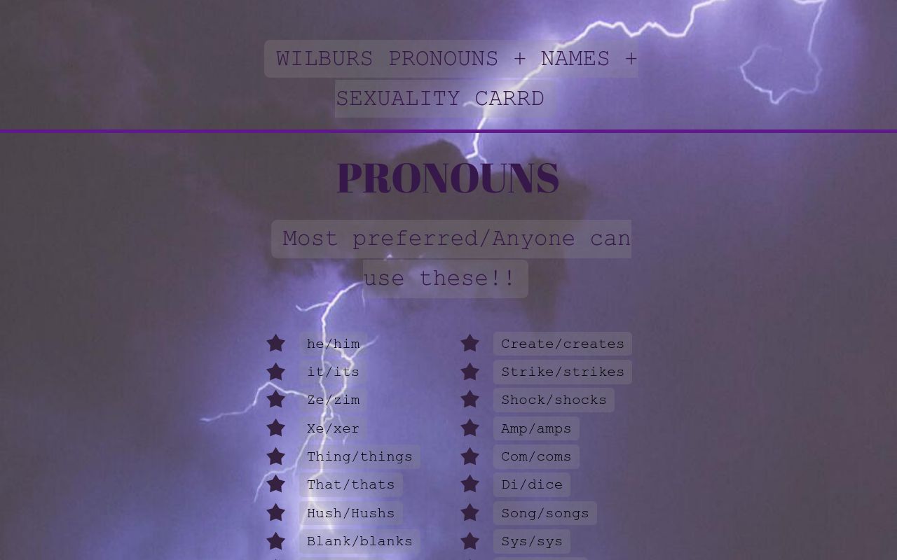Wilburs Pronoun + Sexuality + names Carrd